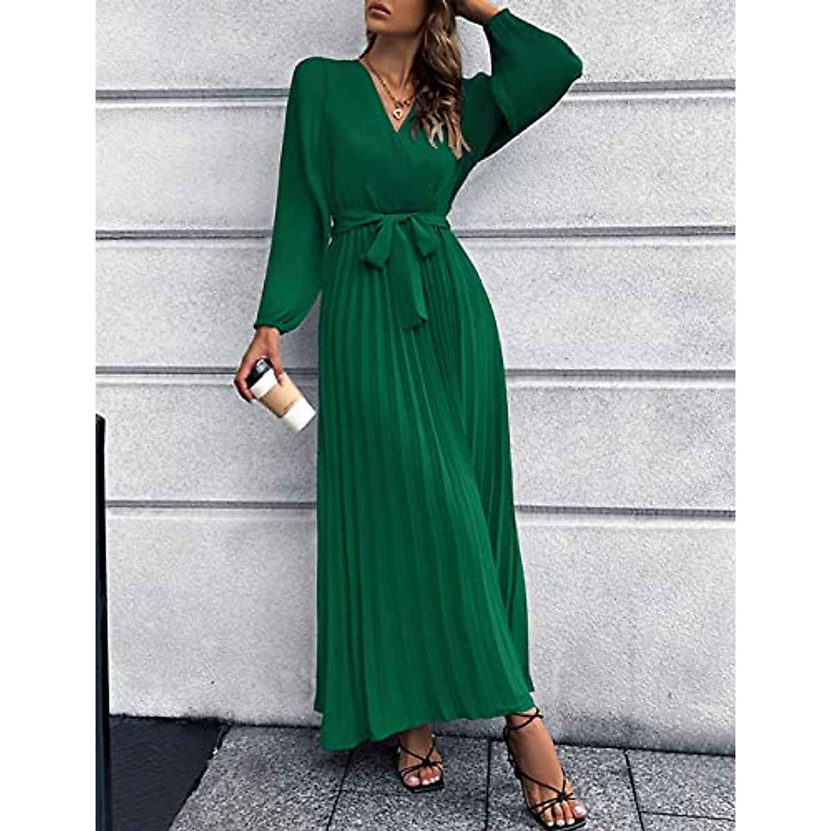 Women's Elegant Wrap V Neck Lantern Sleeve Belted Pleated Flowy Maxi Long Dress Wedding Guest Dress