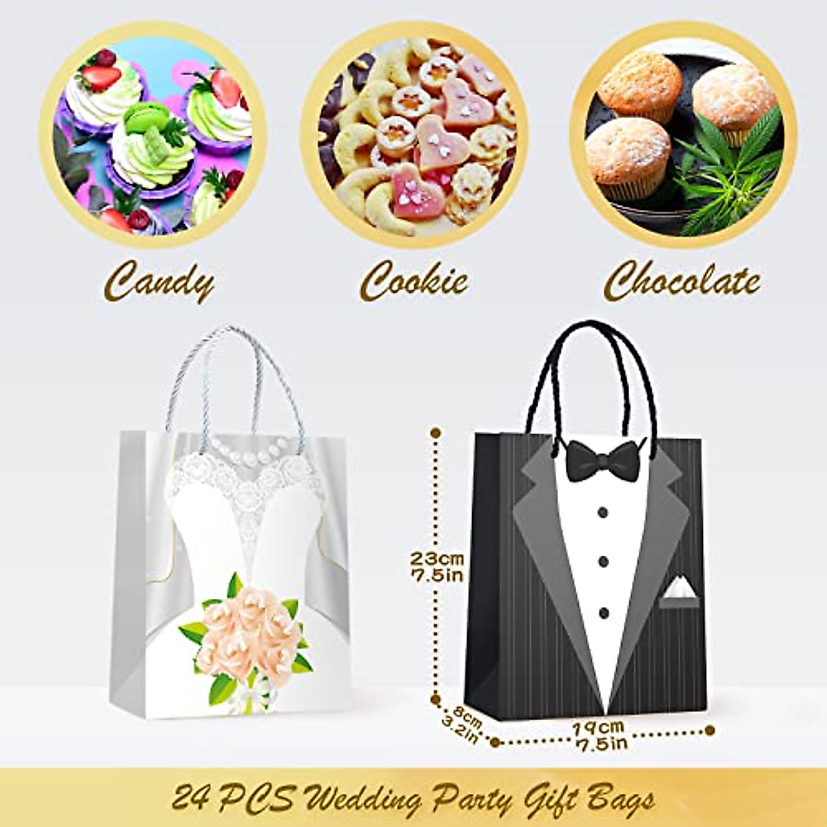 24 Pcs Wedding Party Gift Bags Bridesmaid Gift Bags Tuxedo Groomsmen Gift Bag Set Gift Wrap Bags for Wedding Groomsman Bridesmaid, Bachelor Bridal Shower Party Favors, 3.1 x 7.5 x 9 Inch