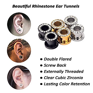 YOFANST 6pcs Stainless Steel Black Silver Rosegold Clear Crystal Gems Screw Back Ear Tunnels Gauges 00g