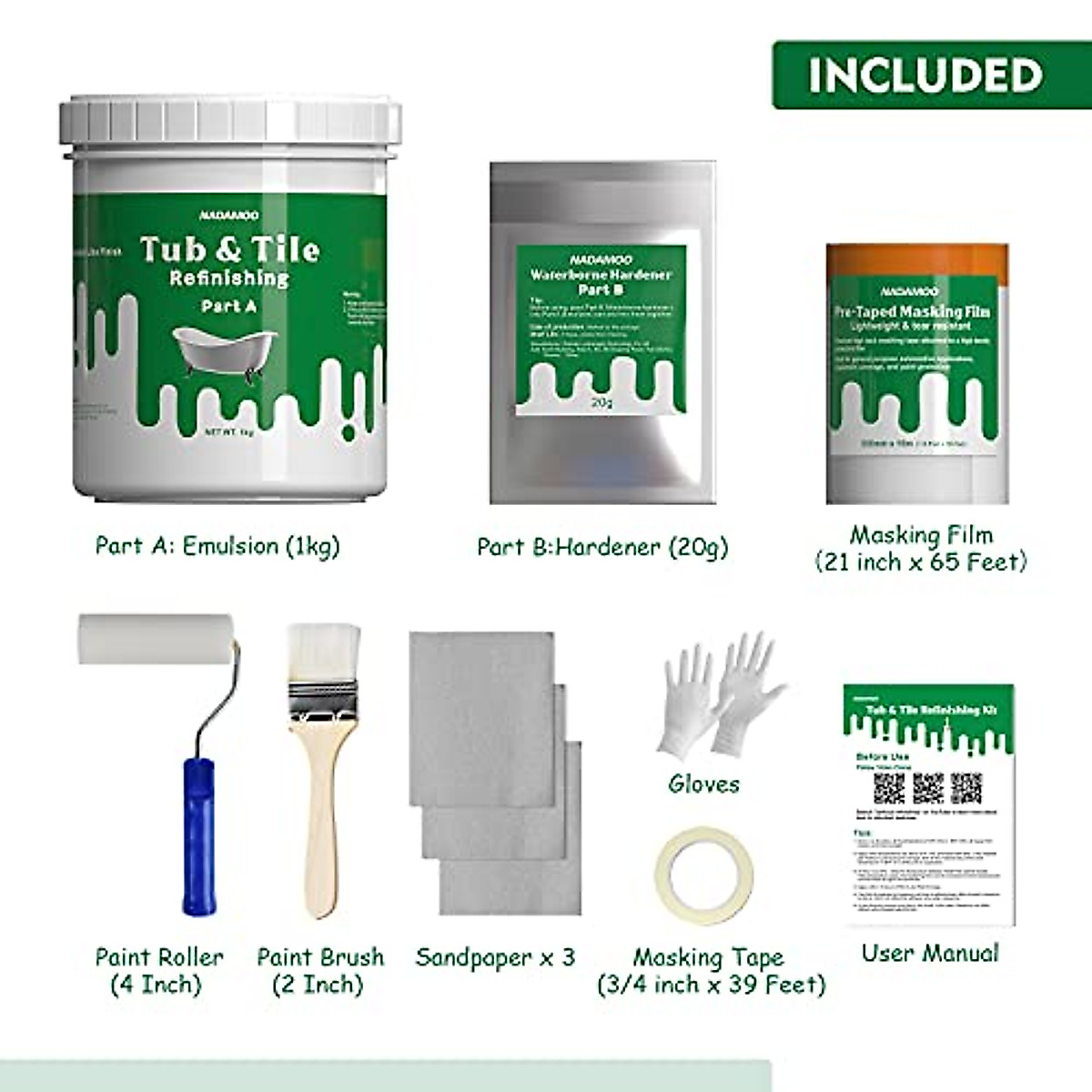 NADAMOO Tub and Tile Refinishing Kit (1kg / 35 oz, with tools, White), DIY Bathtub Sink Reglaze Kit Countertop Resurface Paint for Bathroom Kitchen Porcelain Fiberglass, Semi-matte White Coat