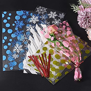 uxcell 100 Pcs Clear Cello Bags, Round Spot Flat Plastic Cello Treat Bags with Gold Twist Ties Gift Bags Cookie Bags for Christmas Snacks Candy Cookie Gifts, White