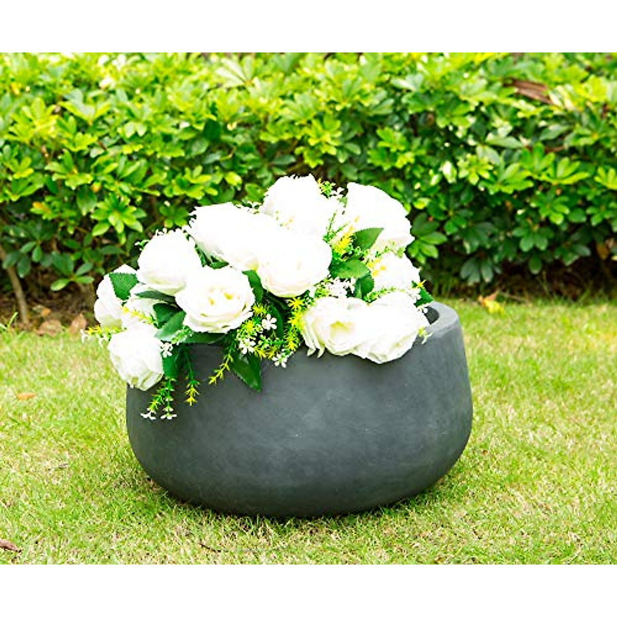 Kante 15.7" Dia Round Concrete Planter, Outdoor Indoor Garden Plant Pots with Drainage Hole and Rubber Plug, Modern Curvaceous Design, Charcoal