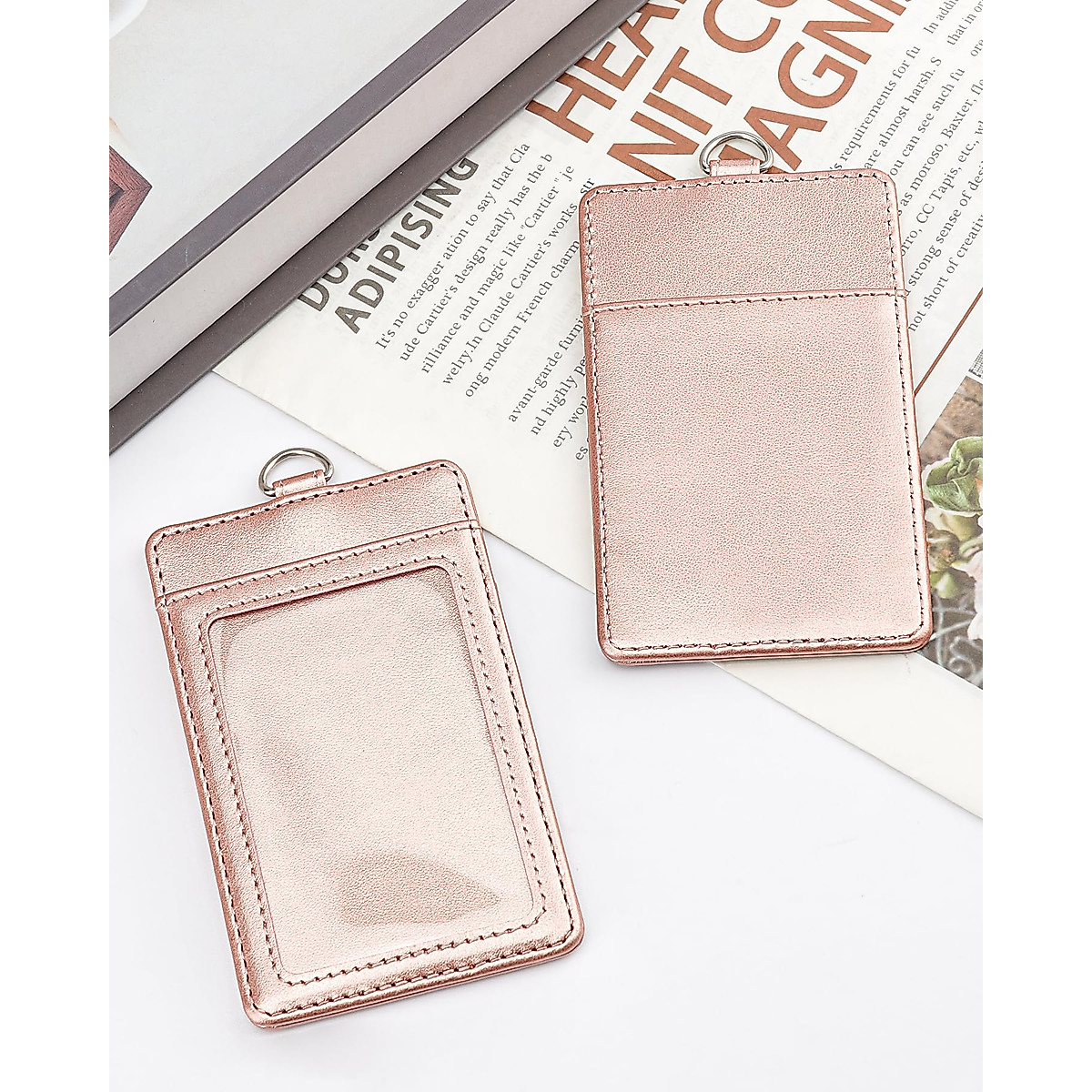 Teskyer Leather ID Badge Holder, Vertical PU Leather ID Badge Holder with 1 Clear ID Window & 1 Credit Card Slot and a Detachable Neck Lanyard (Rose Gold)