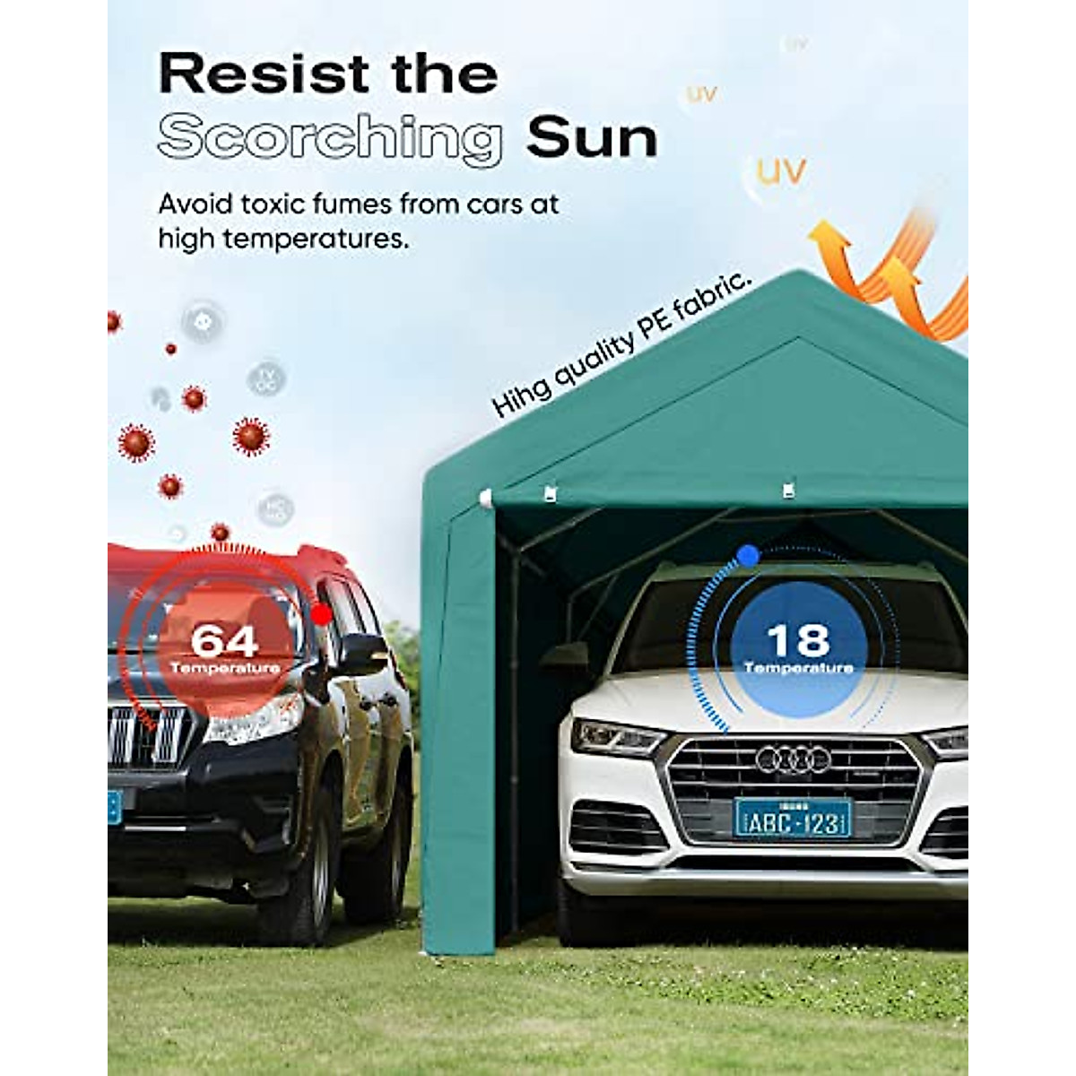 FINFREE 10 x 20 ft Heavy Duty Carport with Removable Sidewalls and Doors，Car Cnopy with 4 sandbags, Garage Shelter for Outdoor Party, Birthday, Garden, Boat, Green