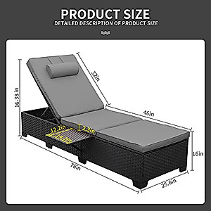 Outdoor PE Wicker Chaise Lounge for Outside - 2 Piece Patio Furniture Set Black Rattan Reclining Chair Beach Pool Adjustable Backrest Sunbathing Recliners with Gray Cushions