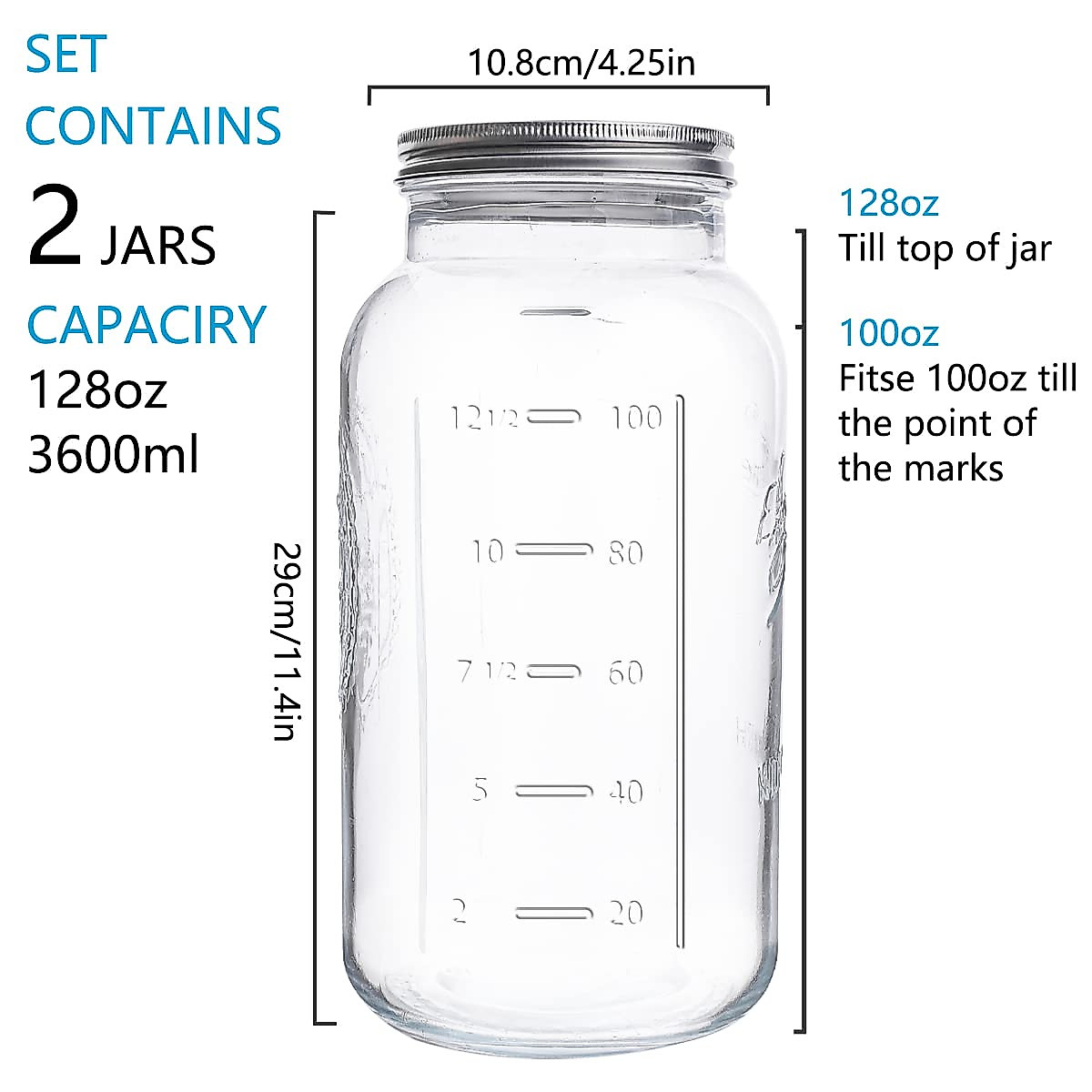 eleganttime 128 oz Mason Jars Extra Wide Mouth 2 Pack, 1 Gallon Glass Large Jars with Airtight Lid, Safe for Food Storage,Curing, Fermentation and Preservation