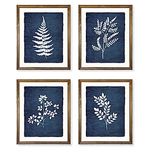 Vintage Botanical Wall Art - Navy Blue Wall Decor - Flower Plant Wall Print - 8x10 Unframed - Minimalist Floral Poster Picture for Kitchen Bathroom Bedroom - Tropical Room Decor for Modern Farmhouse