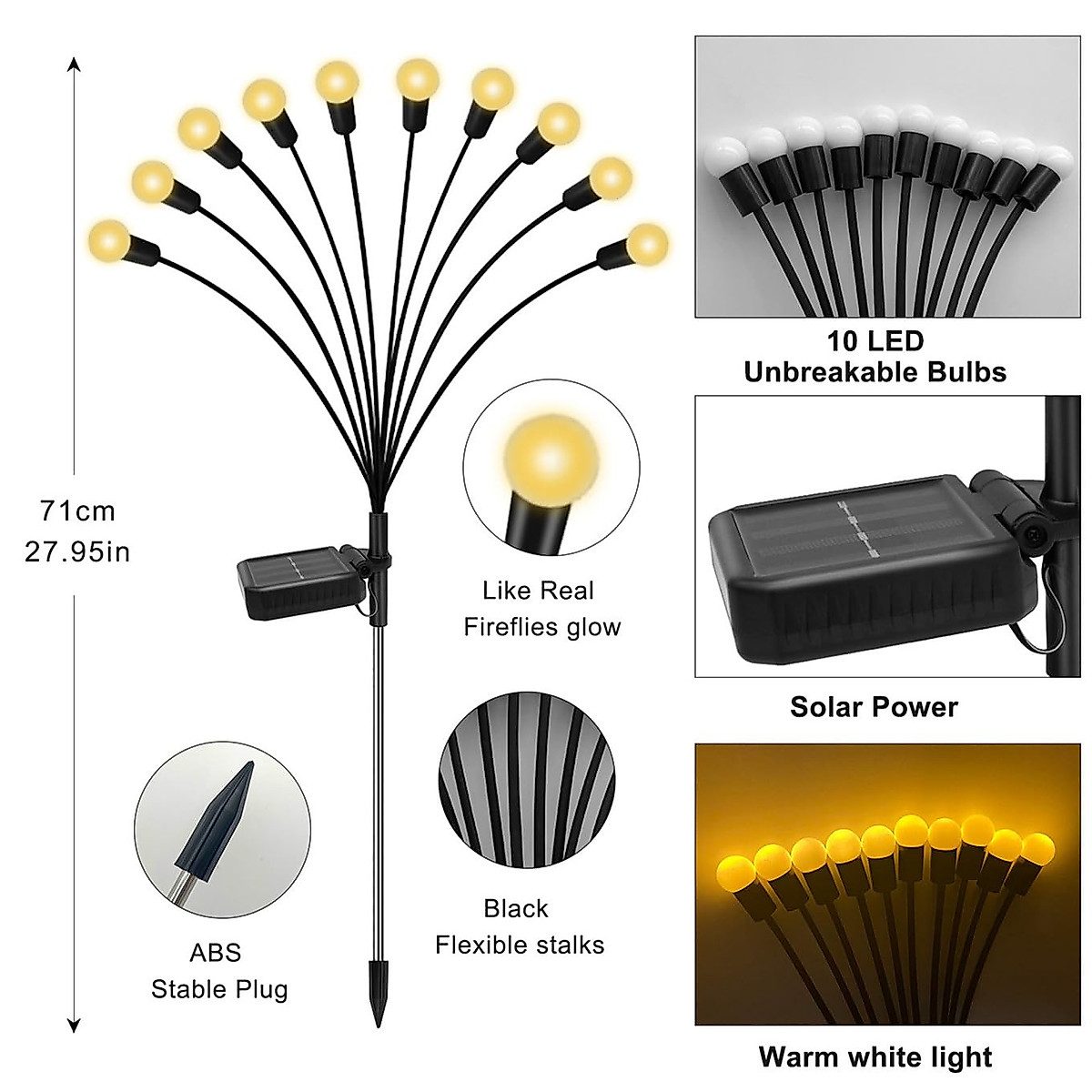 Jpnew Solar Garden Lights 4 Pack Solar Firefly Lights 10LED Waterproof Outdoor Solar Swaying Light, Sway by Wind for Pathway Yard Walkway Patio Fence Decorations Warm White