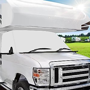 Mofeez RV Windshield Cover Compatible with Class C Ford 1997-2024, UV Block Offer Complete Privacy with Light Preserves Interior (White Color with Mirror Cutouts)