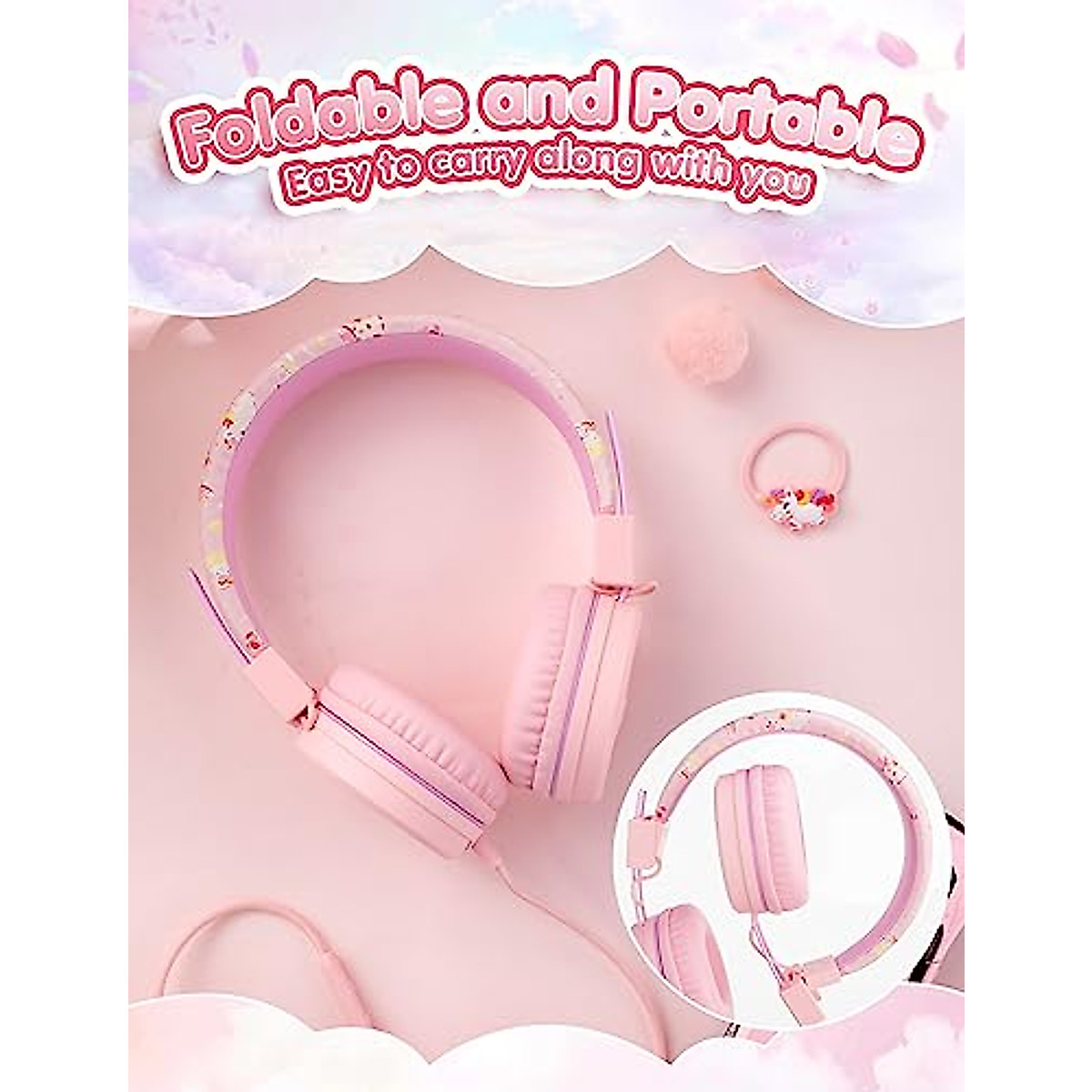 SIMJAR Unicorn Headphones with Microphone for School, Unicorn Rubber Band Included, Volume Limiter 85/94dB, Wired Foldable Girls Headphones for Online Learning/Travel/Tablet/iPad (Pink)