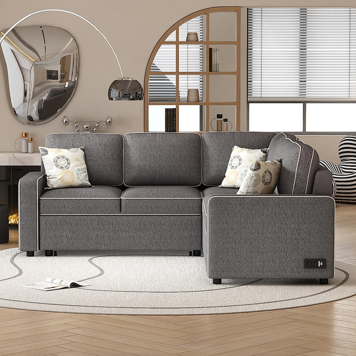 Pull Out Couch Sectional Sleeper Sofa L Shaped Convertible Sofa Bed with 2 USB Ports, 2 Power Sockets and 3 Pillows for Living Room, Bedroom, Office, 83" Brown