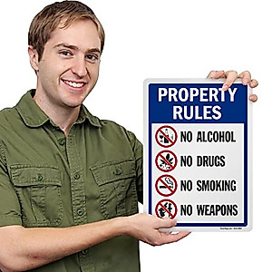 SmartSign 14 x 10 inch “Property Rules - No Alcohol, No Drugs, No Smoking, No Weapons” Metal Sign, 40 mil Laminated Rustproof Aluminum, Multicolor