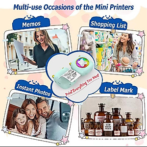 Mini Printer with 14 Rolls Paper,Mini Pocket Sticker Printer,Portable Bluetooth Inkless Printer for Journal, Memo, Photo,DIY Scrapbook,Compatible with Phone & Tablet With 7 Colors RGB Lights