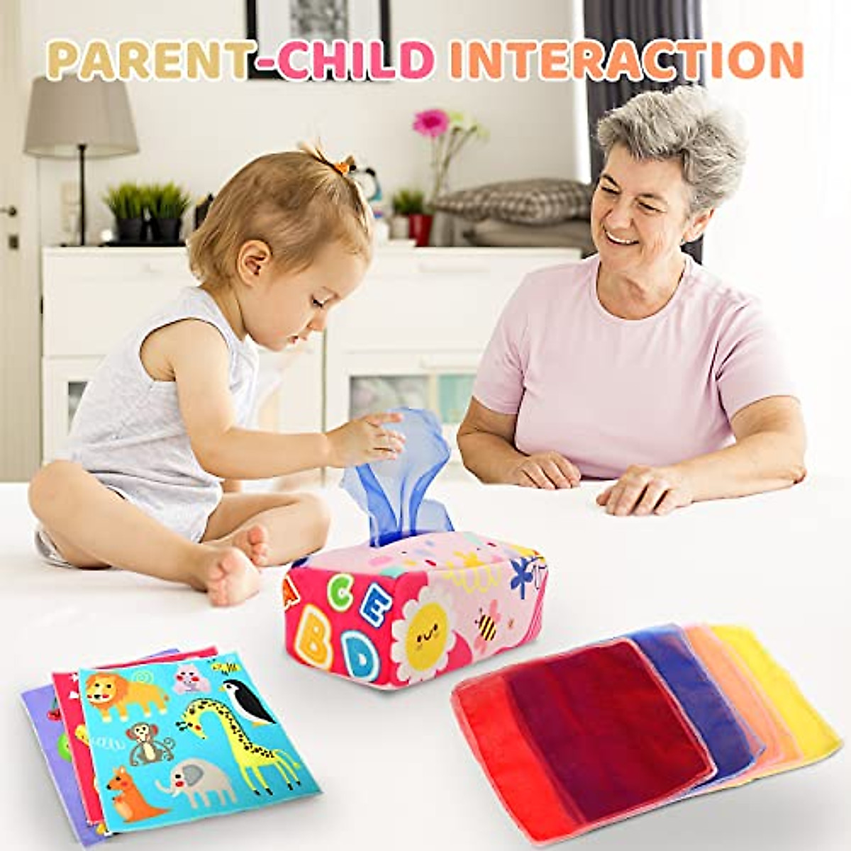 YOGINGO Baby Toys 6 to 12 Months - Baby Tissue Box Toy - Montessori Toys for 1 Year Old, Soft Stuffed High Contrast Crinkle Infant Sensory Toys, Boys&Girls Toddler Early Learning Toys Baby Gifts