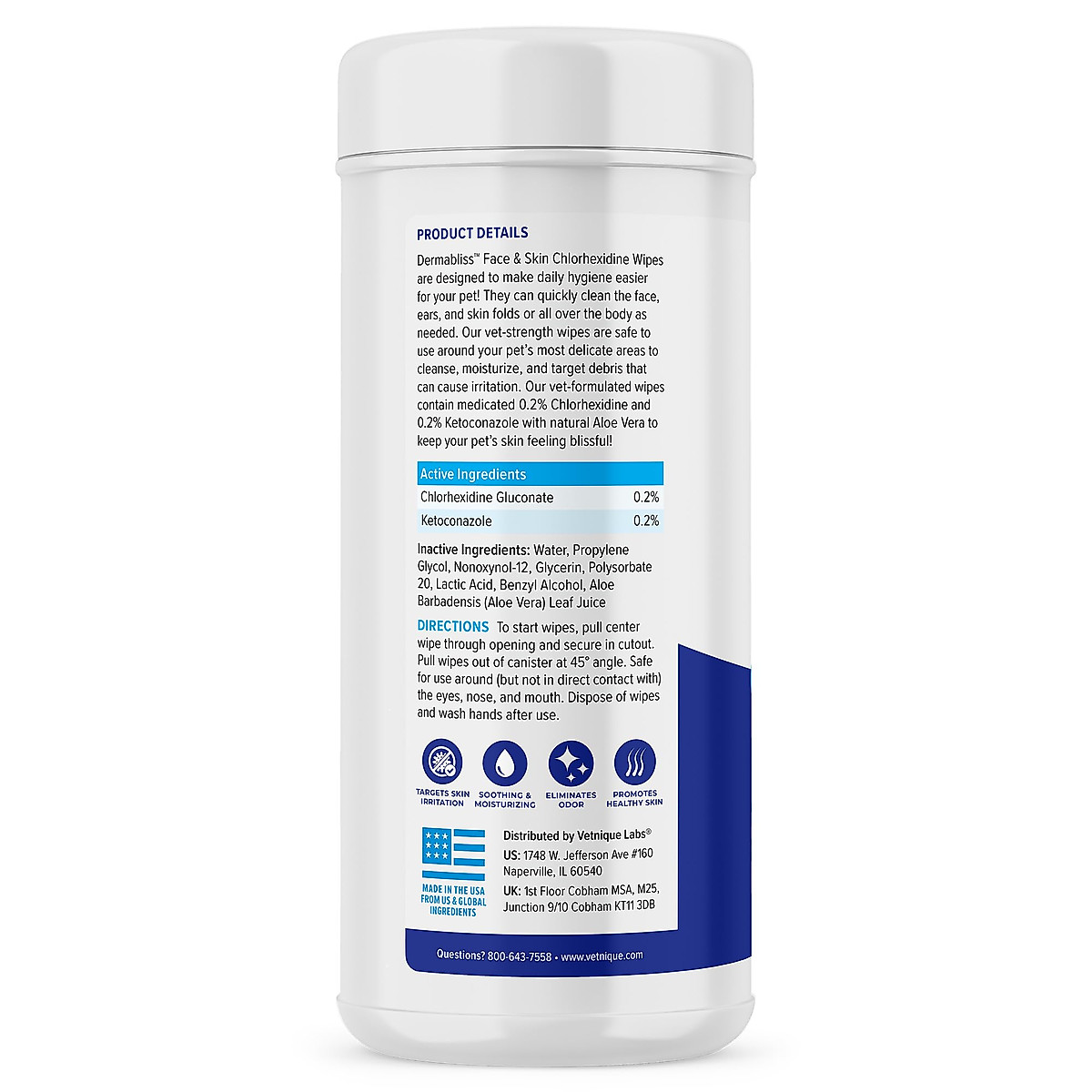 Vetnique Dermabliss Dog Face Wipes - Medicated Chlorhexidine Wipes for Dogs with Wrinkles, French Bulldog, English Bulldog Dog Grooming Wipes Cleaning & Deodorizing Dog Wipes 60ct