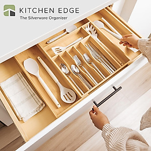 KitchenEdge Premium Silverware, Flatware and Utensil Organizer for Kitchen Drawers, Expandable to 25 Inches Wide, 10 Compartments, 100% Bamboo