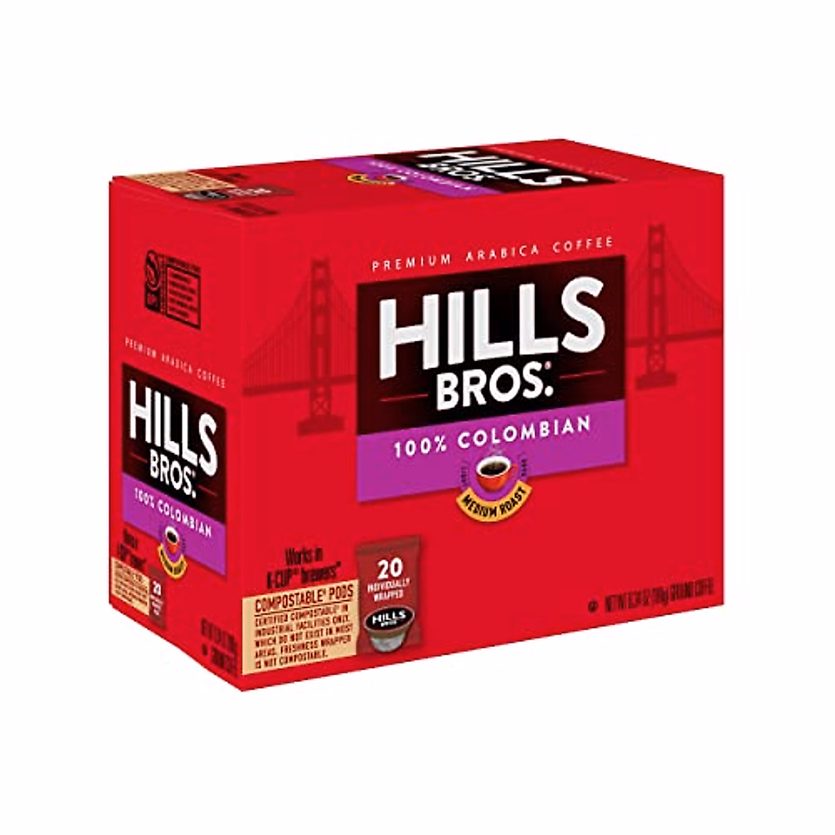 Hills Bros Single Serve Coffee Pods, 100% Colombian Ground Coffee, Medium Roast, 20 Count - Keurig Compatible, Roasted Arabica Coffee Beans, Smooth Balanced Flavor
