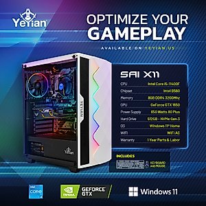YEYIAN SAI X11 Gaming PC Desktop Computer, Intel i5-11400F 6-Core 2.6GHz, GeForce GTX 1650 4GB GDDR6, 500GB NVMe SSD, 8GB DDR4 3200MHz, 3 ARGB Fans, Windows 11 Home 64-bit, WiFi 5, BT 5.0, 650W PSU