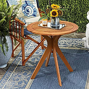 Tangkula 27.5 Inch Eucalyptus Wood Outdoor Patio Bistro Table, Round Wooden Table w/X Base, Coffee Side Bistro Table for Garden, Backyard, Patio, Living Room (Teak)