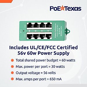 PoE Texas 4 Port PoE/PoE+ Injector with 56V 60W Power Supply - Gigabit Injector - Active Mode A Power Over Ethernet Multi Port PoE Adapter - Supports 4 PoE (802.3af or at) up to 60 watts