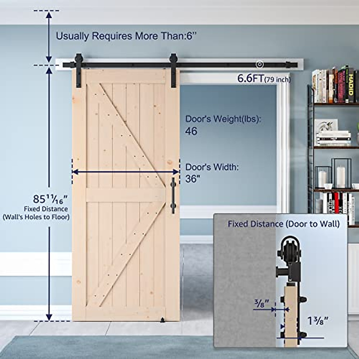SmartStandard 36in x 84in Barn Door Kit, (2-Panel Sliding Door & Pull and Handle Set & Floor Guide), Pre-Drilled Ready to Assemble, Natural Unfinished Solid Wood Door, K-Frame (Fit 6FT -6.6FT Rail)