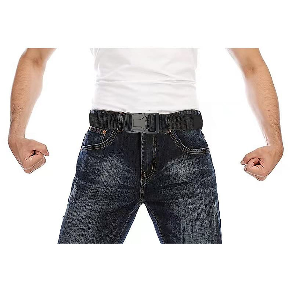 2 Pack-Metal Buckle Quick Release Outdoor Tactical Belt for Men Stretch Nylon Web Belt for Hunting Camping (BLACK+GREY)