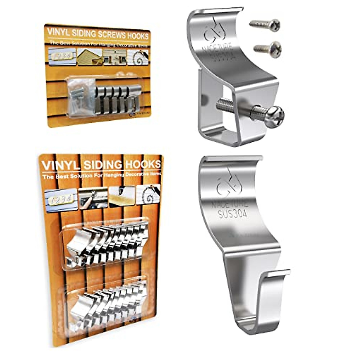 NACETURE Vinyl Siding Hooks Hanger - 20 Pack and Vinyl Siding Screw Hanger 6 Pack - Heavy Duty Stainless No-Hole Needed Vinyl Siding Clips for Hanging- Vinyl Siding Hooks for Outdoor Decorations