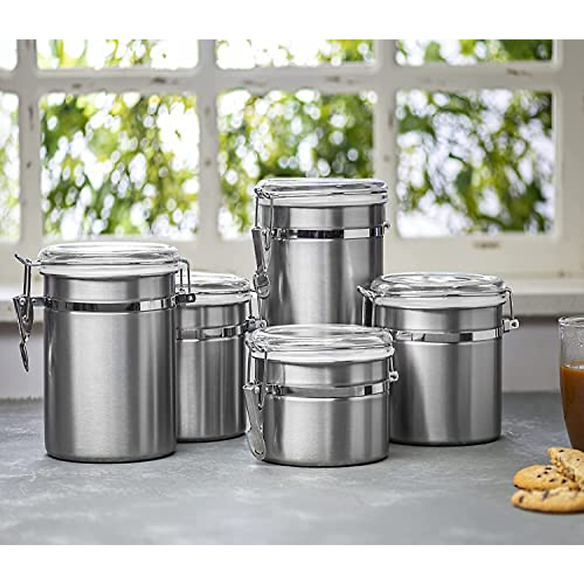5pc Stainless Steel Canister Set with Clear Acrylic Lids & Clamp Airtight Durable & Stackable Food Storage Container for Kitchen Counter & Pantry, Tea, Sugar, Coffee, Flour, Rice, Pasta, Spices, Herbs