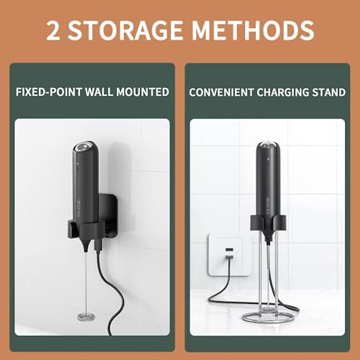 CIRCLE JOY Wall Mounted Milk Frother Handheld Rechargeable Milk Foamer Electric Mini Drink Mixer with 2-in-1 Stainless Steel Stand for Coffee, Cappuccino, Lattes, Frappe, Matcha and Hot Chocolate