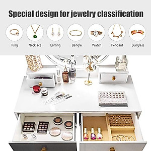 CHARMAID Vanity Set with Lighted Mirror, 3 Color-Touch Screen Dimming Mirror, Adjustable Brightness, Bedroom Vanity Makeup Dressing Table with 4 Drawers and Cushioned Stool for Girls Women