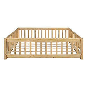 Bellemave Queen Size Floor Bed with Door,Kids Montessori Floor Bed with Slats and Fence,Solid Wood Queen Bed Frame for Girls Boys(Queen,Natural)