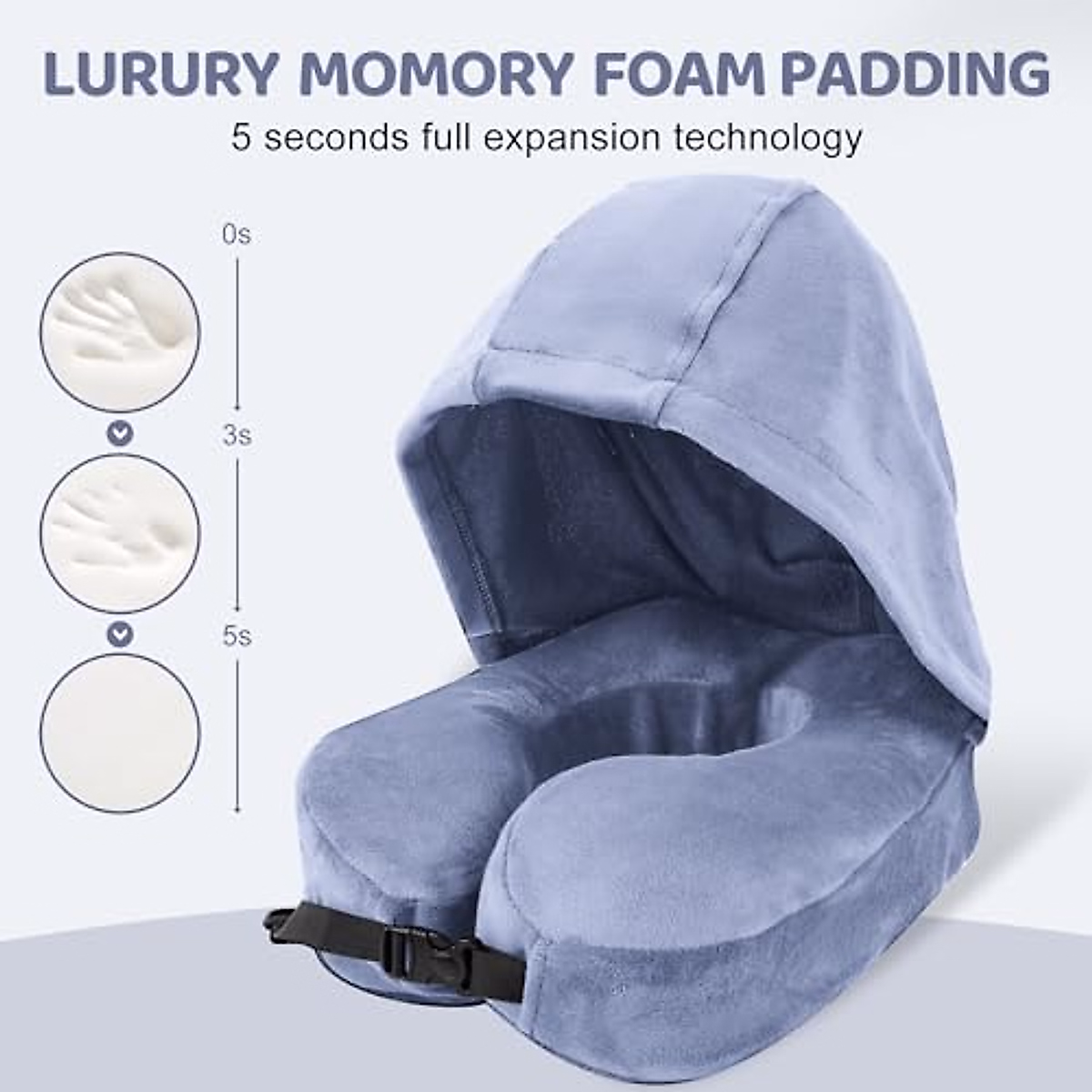 Flywish Travel Neck Pillow with Hood - Adult Travel Must Haves Airplane Hoodie Pillow, Premium Quality Memory Foam, Fit for Office, Car Ride, Sleeping. Kit with Earplugs, Luxury Bag(Mist, M)