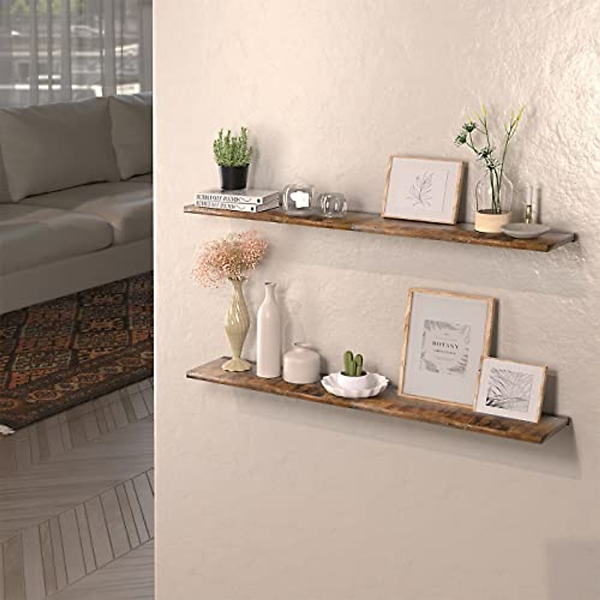 DELFOY Rustic Wood 16 Inch Floating Shelves- Set of 2 Farmhouse Home Decor Wall Mounted Hanging Ledge Shelf for Living Room, Bedroom, Kitchen Bathroom