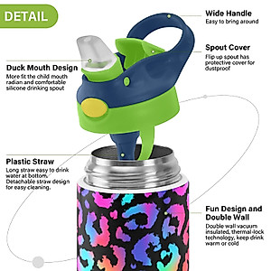 ALAZA Rainbow Leopard Print Cheetah Colorful Kids Water Bottles with Lids Straw Insulated Stainless Steel Water Bottles Double Walled Leakproof Tumbler Travel Cup for Girls Boys Toddlers 12 oz / 350 m