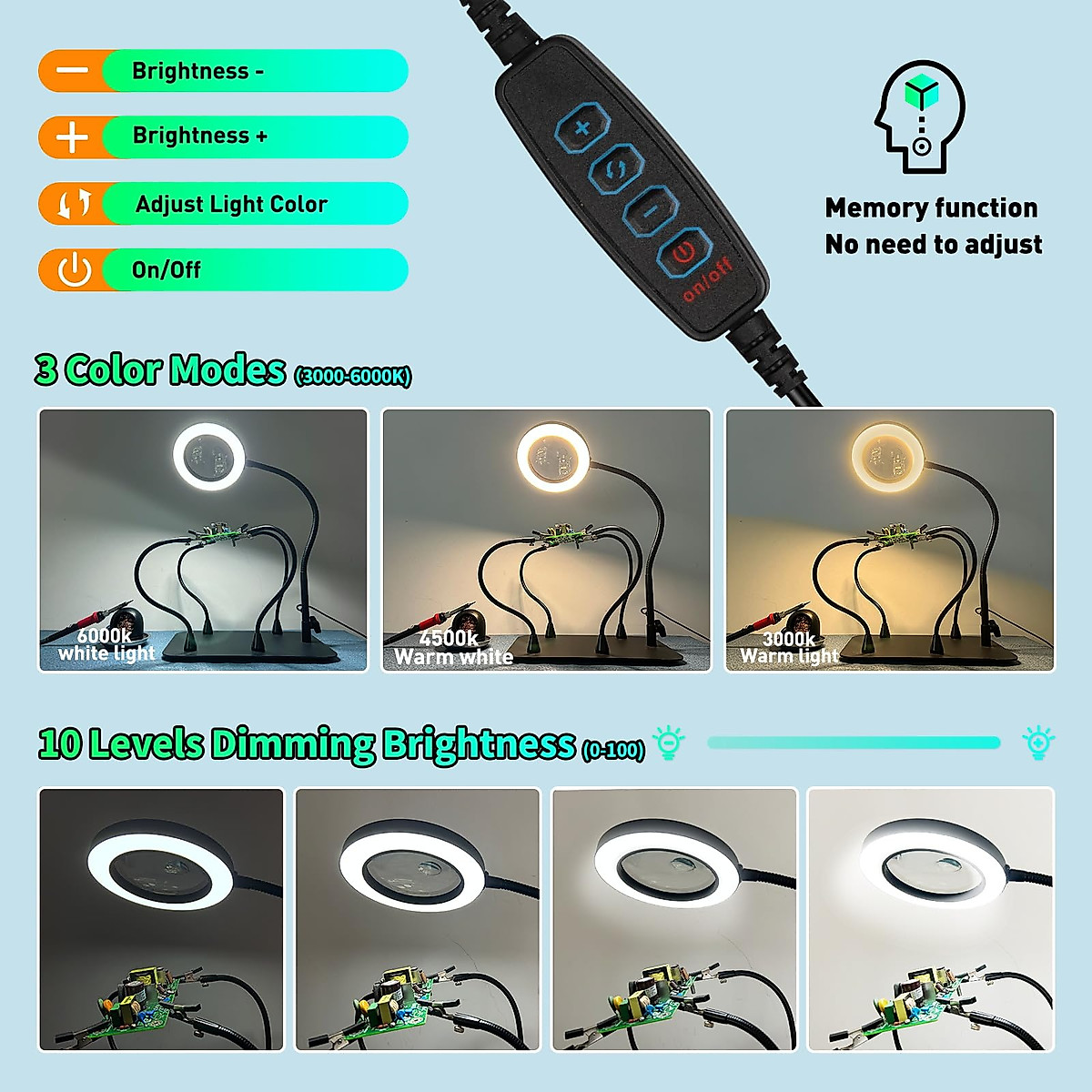 5X&10X Magnifying Glass with Light and Stand, KUVRS Flexible Magnetic Helping Hand, Large Base&Clamp Magnifying Lamp, 3 Color Adjustable Arm Desk Magnifying Glass with Light for Soldering Craft Hobby