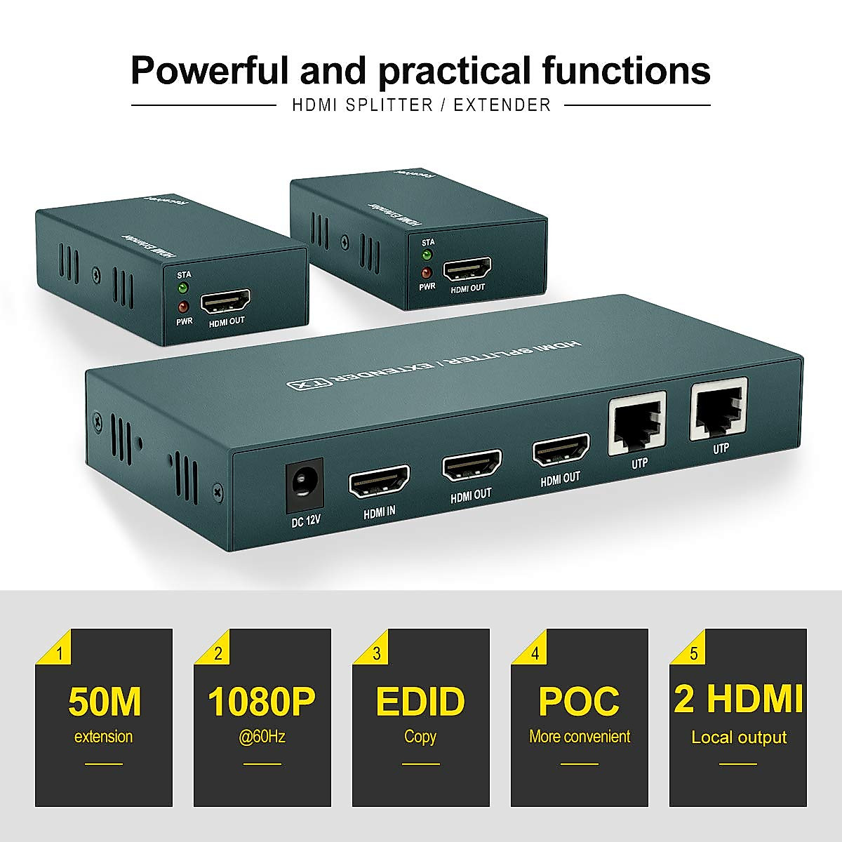 PWAY HDMI Extender Splitter 1x2, HD1080P@60Hz & 3D Visual, Extending 165ft (50m) Length Transmission Over CAT5e/CAT6/CAT7 Cable, 2 Channel Transmission with 2 HDMI Loop Out1