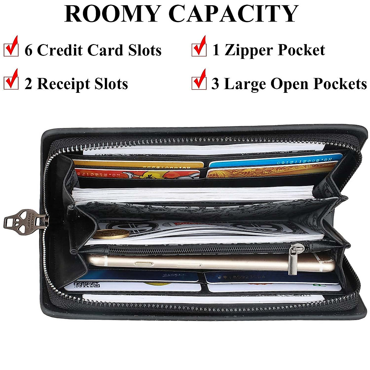 Women's Wallet Large PU Leather Clutch Purse Punk Studded Skull Ladies Wallet Credit Card Holder Organizer Wristlet (Skull)