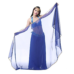 SHOWYOU 98.43" x 47.24" Lightweight Semicircle Chiffon Veil Belly Dance Scarf Blue Veil Scarf Shawls Trimed Gold Sequence (BLUE)