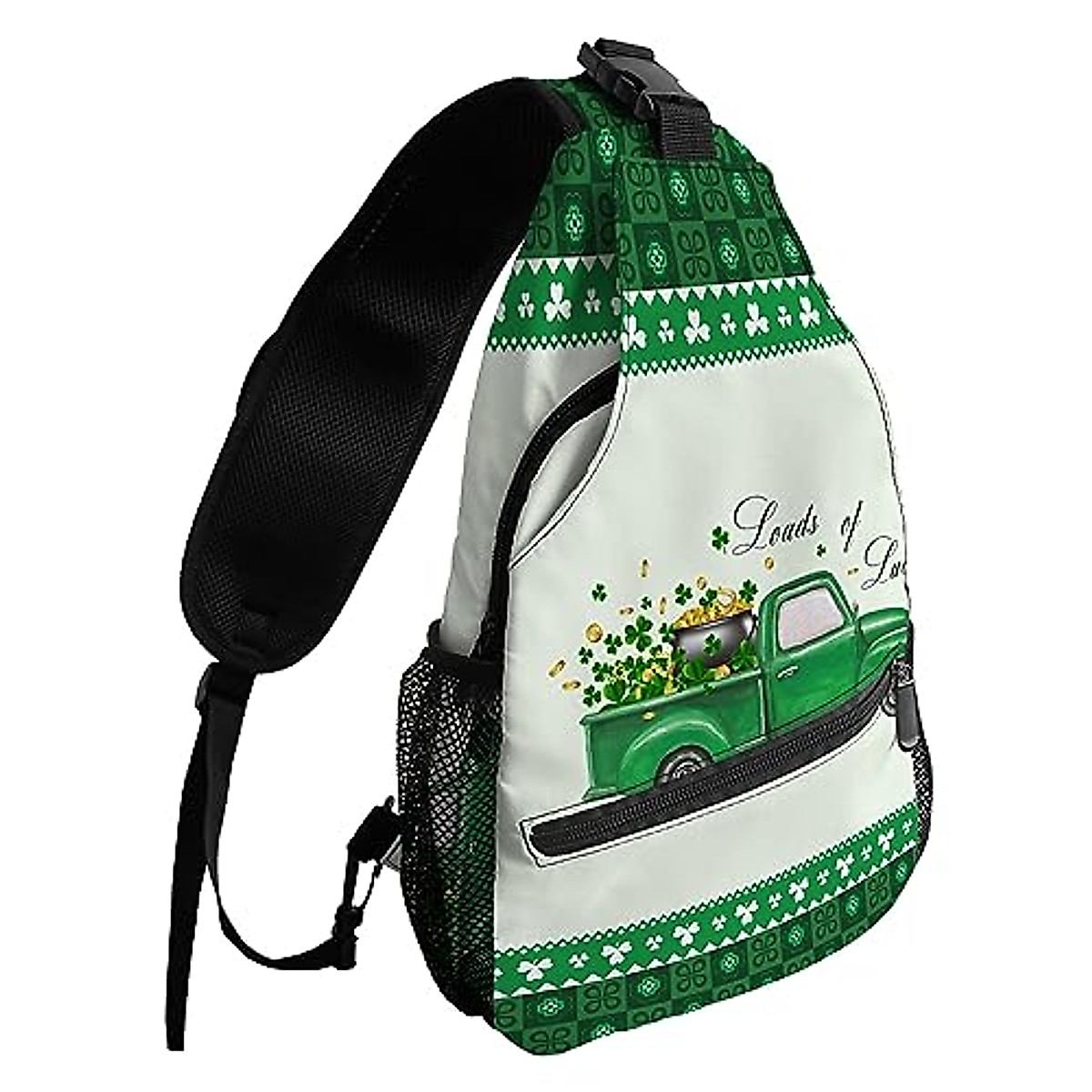 Sling Backpack, St. Patrick's Day Green Truck with Lucky Clover Waterproof Lightweight Small Sling Bag, Travel Chest Bag Crossbody Shoulder Bag Hiking Daypack for Women Men