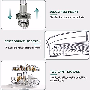 YITAHOME 28-Inch Kidney Shaped Chrome Pie Cut 2-Shelf Lazy Susan Corner Organizer for Kitchen Cabinet Blind Corner Storage with Telescoping Mount, Silver