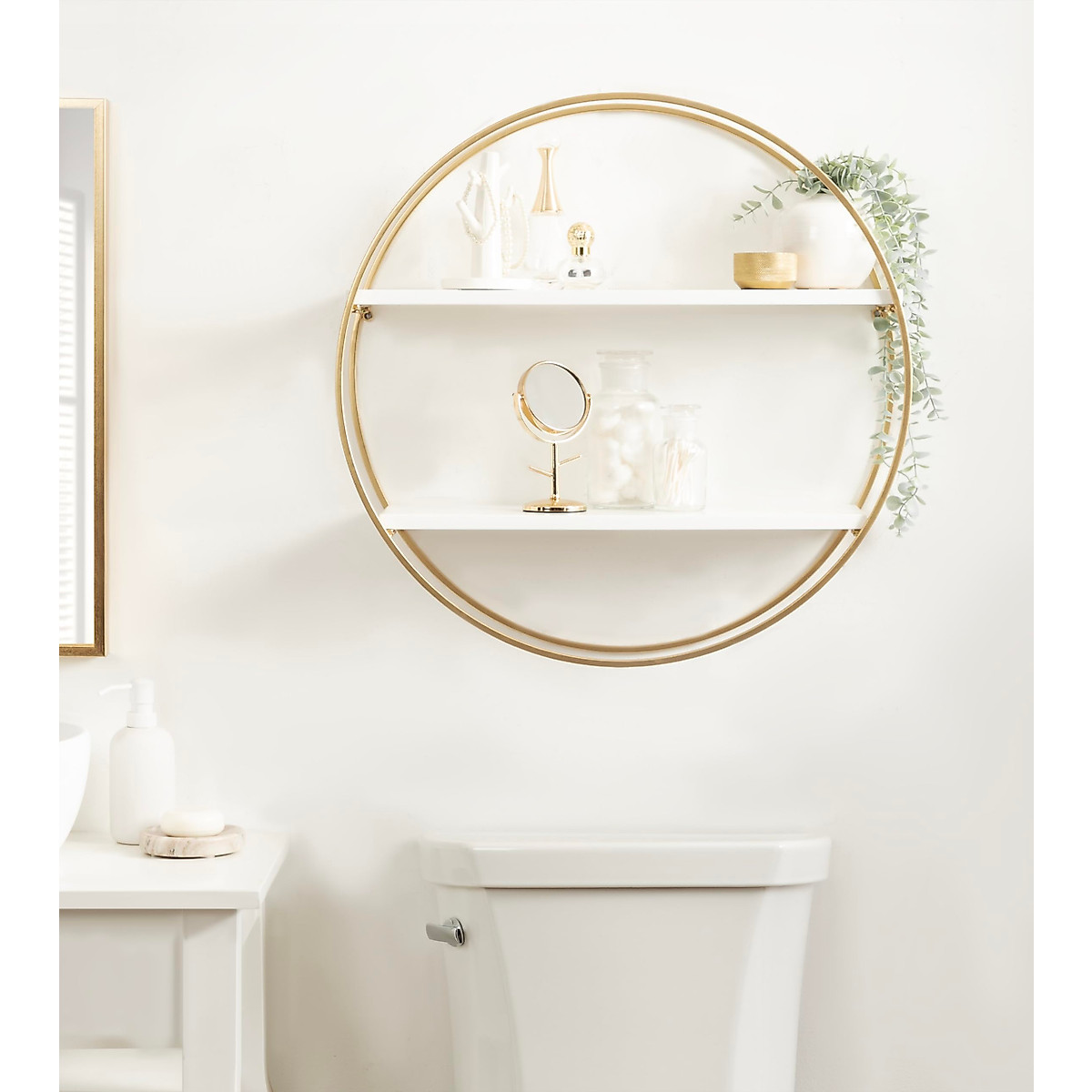Kate and Laurel Sequoia Modern Round Wall Shelf, 24 Inch Diameter, White and Gold, Contemporary Glam 2-Tier Floating Shelf Decor for Living Room, Bedroom, or Bathroom Display