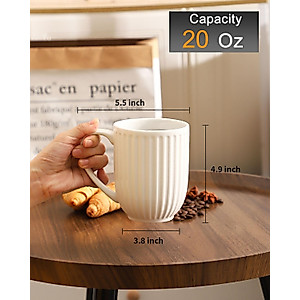 Hasense Ceramic Coffee Mug, 20 Oz Ceramic Coffee Cup with Handle, Modern Ribbed Design Tea Cup for Latte, Cocoa, Coffee, Thanksgiving, Christmas Gift, Dishwasher & Microwave Safe, White