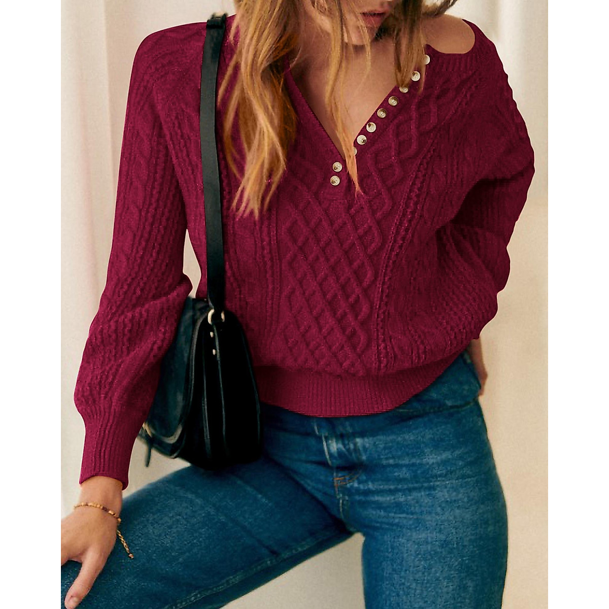 KIRUNDO Womens Sweaters 2024 Fall Winter Henley Long Sleeve Button Crew Neck Cable Knit Loose Cropped Sweater Pullover(Jujube Red, Large)