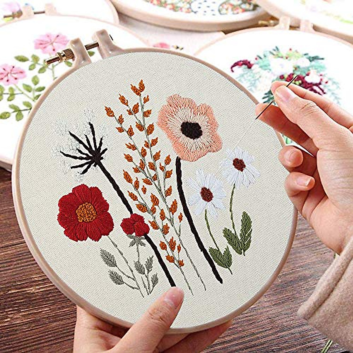 Uphome 3 Pack Embroidery Starter Kit for Beginners Stamped Cross Stitch Kits with Cute Flowers and Plants Patterns with 1 Embroidery Hoop and Color Threads for Adults Kids
