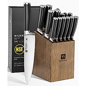 WIZEKA Knife Set, NSF Certified 15pcs Kitchen Knife Set, 1.4116 German Stainless Steel Knife Sets for Kitchen With Block, Full Tang Design&Comfortable Anti-Slip Handle, Black Knight Series