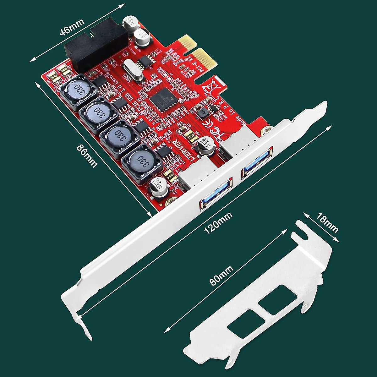 LTERIVER PCIE to 1X 19Pin USB 3.0 Header and 2X USB-A Ports, PCIE USB 3.0 5Gbps Expansion Card for Windows 11, 10, 8.1, 7, XP (32/64), Built Smart Power Control Technology (PCE-IN2EX2)