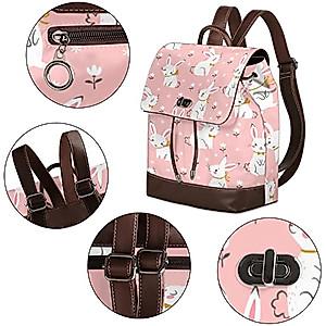 Cute Rabbit PU Leather Backpack Purse, Bunny Flower Shoulder Rucksack College School Bookbag Travel Daypack for Women Ladies