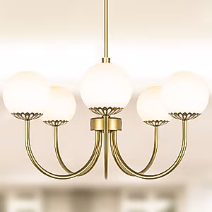 Yolsunes 5-Light Gold Chandelier, Globe Modern Sputnik Light Fixture with Frosted Glass, Vintage Semi-Flush Mount Ceiling Light for Dining Room, Large Pendant Lighting for Kitchen Living Room Bedroom