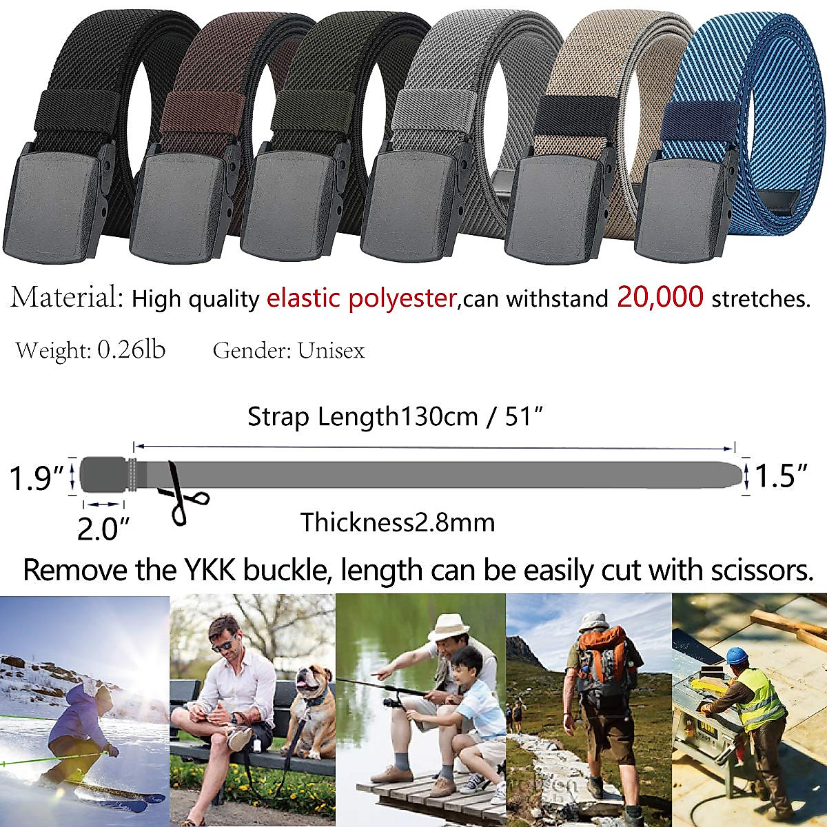 LionVII Men's Stretch Belts -Breathable Casual Web Belt for Men with No Metal Plastic Buckle for Work Sports, Adjustable [53" L x 1.5" W](Black)