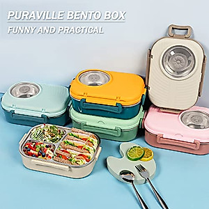 Puraville Stainless Steel Bento Lunch Box for Kids and Adults, Stackable BPA-Free Food Containers with 3 Compartments and Reusable Sauce Bowl, Fork and Spoon, (1000ml/34oz, Yellow)